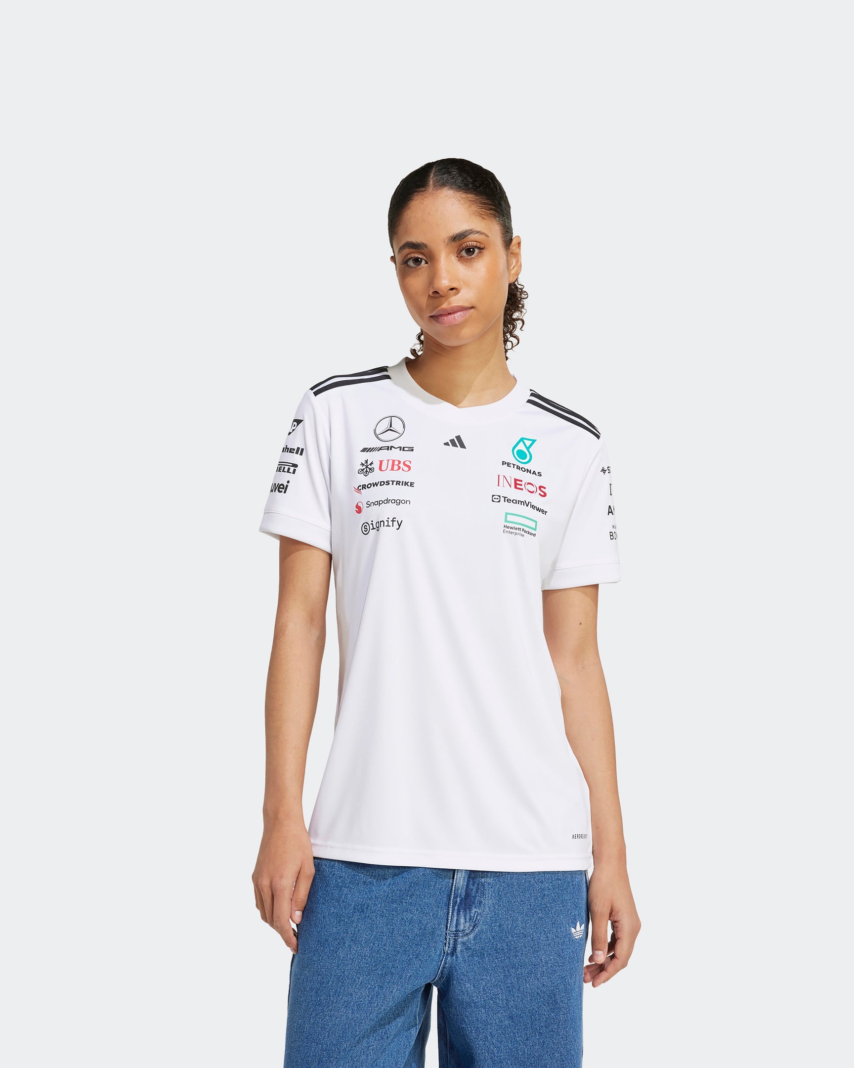 Womens 2025 Team Driver Tee White | Official Mercedes-AMG PETRONAS F1 ...