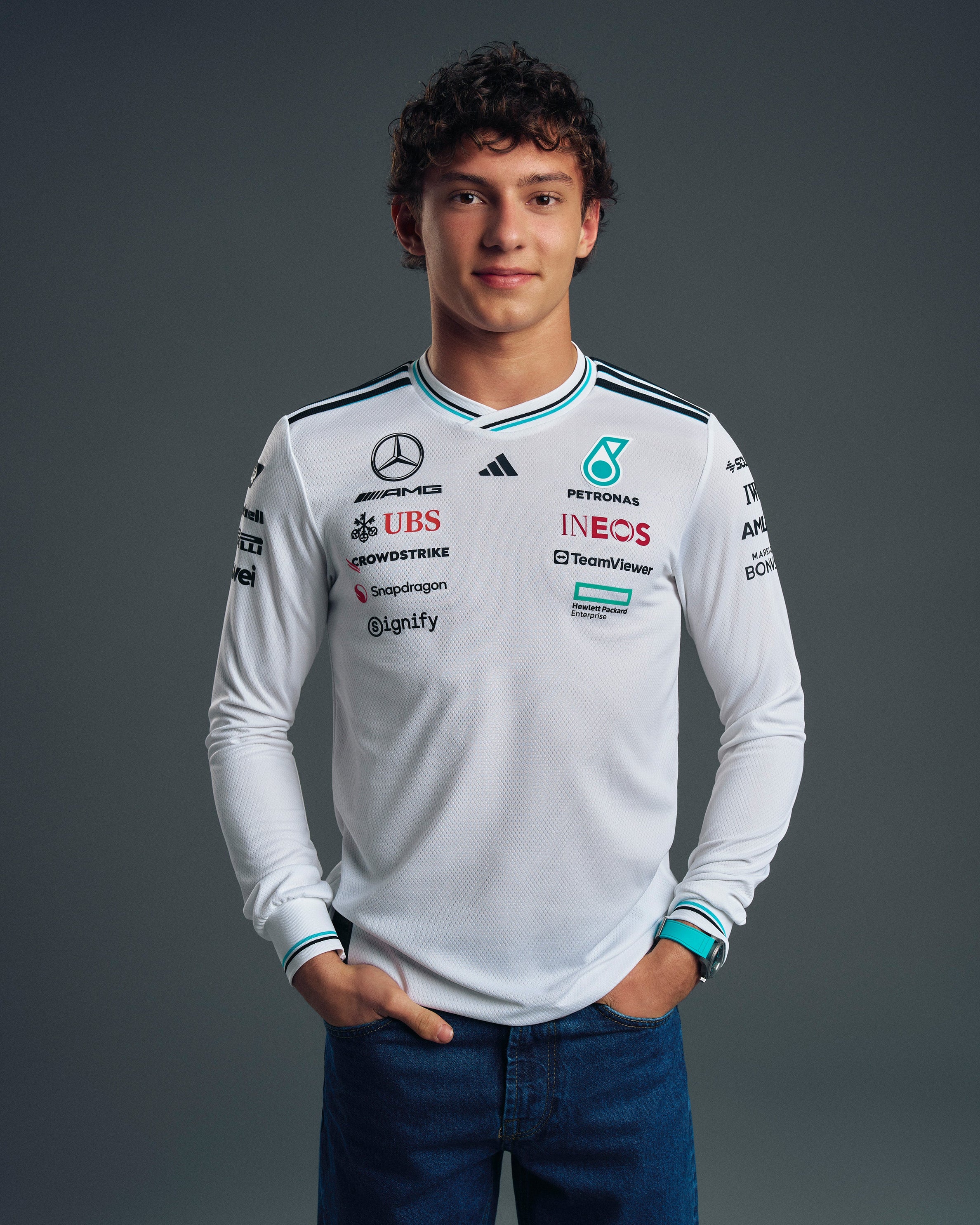 Mens 2025 Authentic Long Sleeve Driver Tee White | Official Mercedes ...